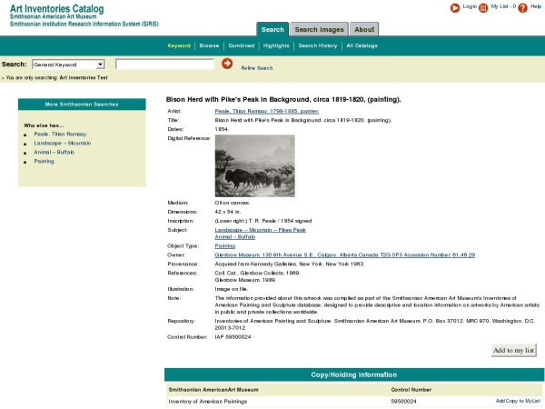 Resources :: Bison Herd with Pike's Peak in Background, circa 1819-1820, (painting ...